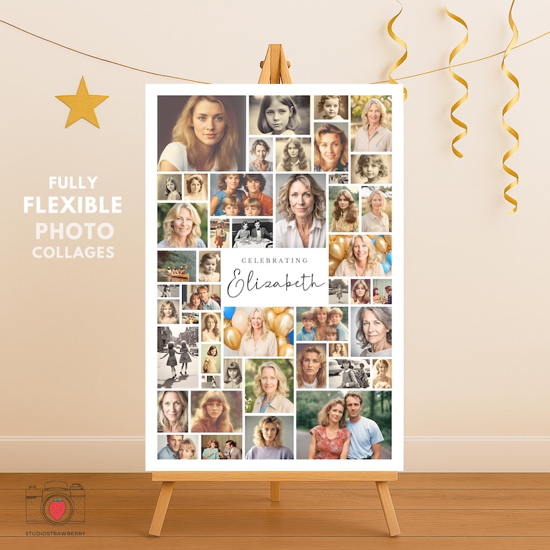 65th Birthday Welcome Sign With Photo Collage, Editable Canva Template ...