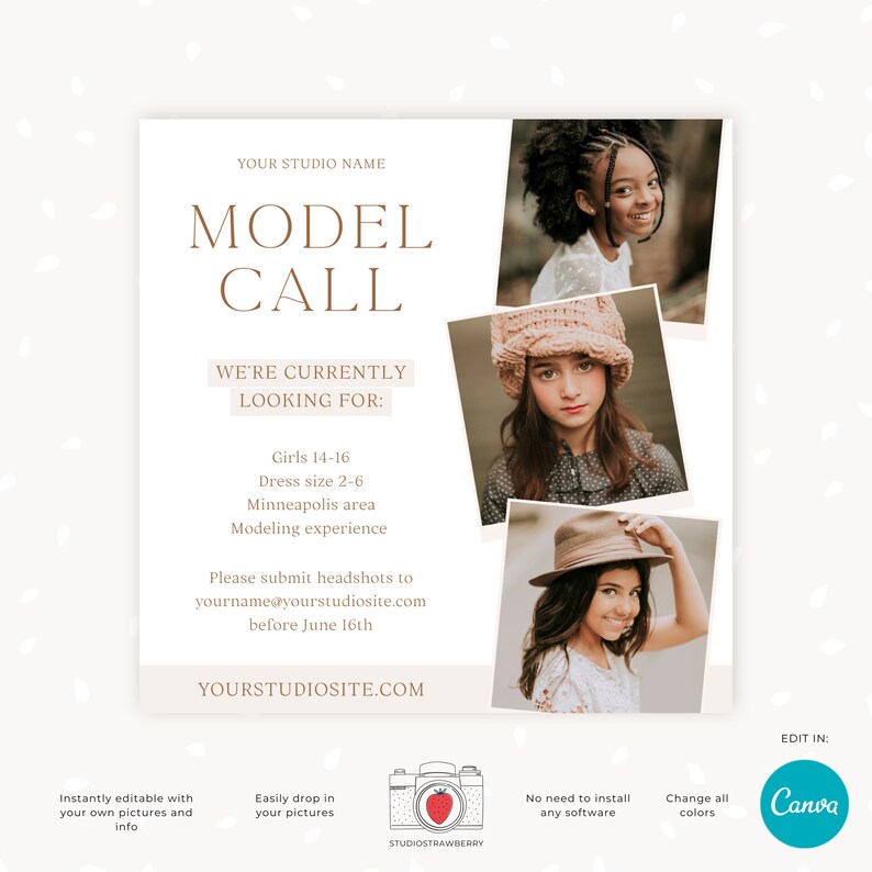 Editable Model Call Canva Template for Photography, Customizable Model ...