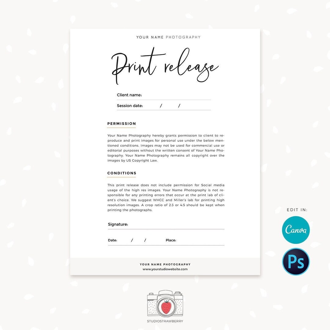 Photo Print Release Form Letter Size, Photography Forms, Forms for ...