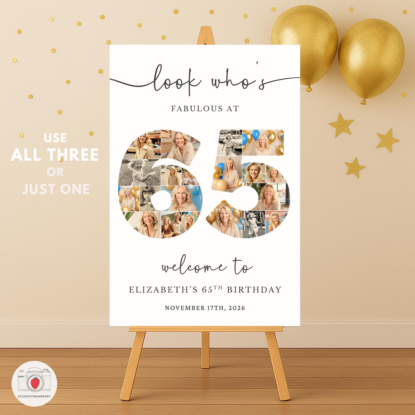 65th Birthday Welcome Sign With Photo Collage, Editable Canva Template ...