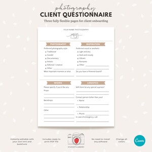 Editable Photography Client Questionnaire Template | Canva Booking Form ...