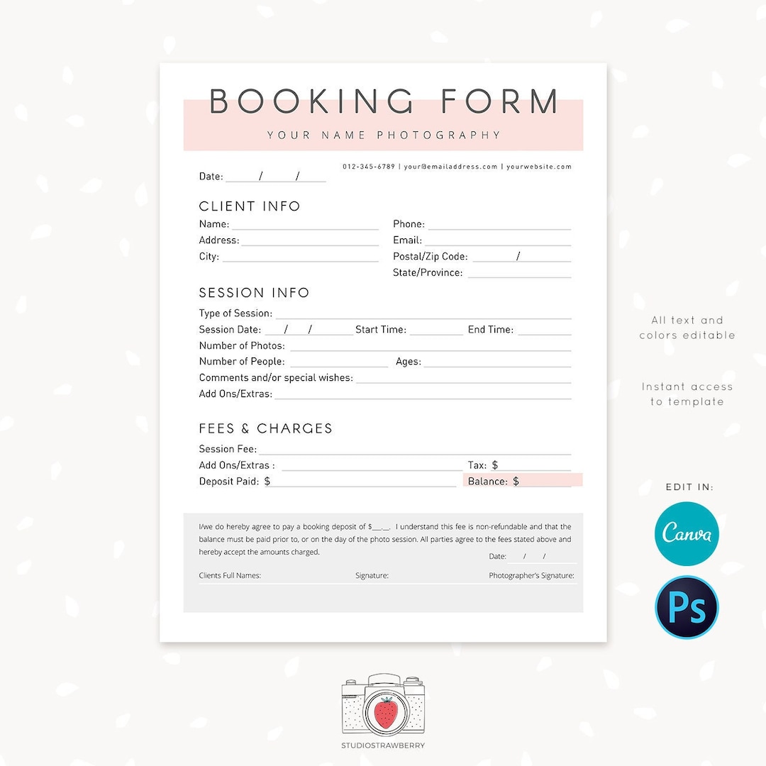 Photography Forms, Client Booking Form for Photographer, Form Templates ...