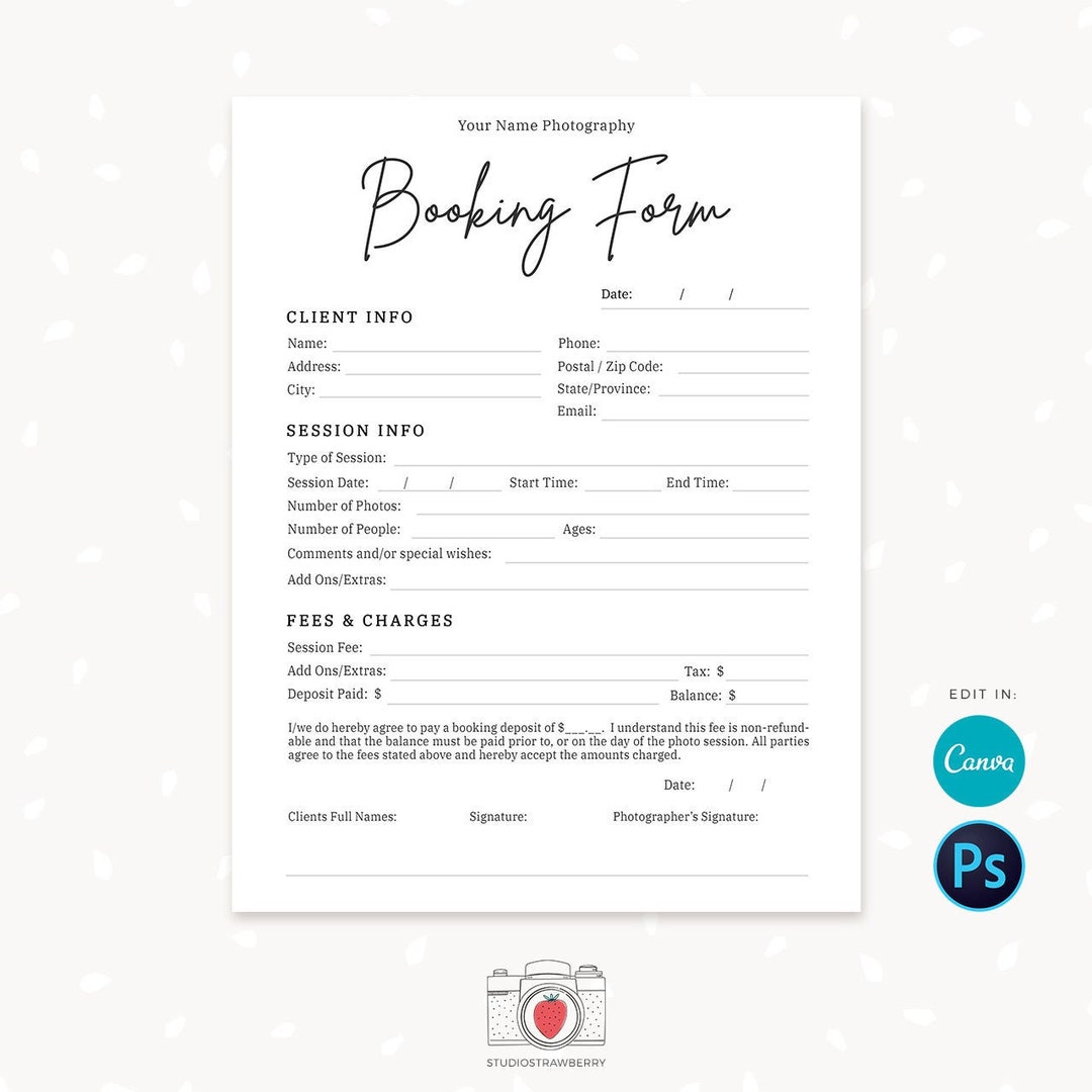 Photography Forms, Client Booking Form for Photographer, Canva ...