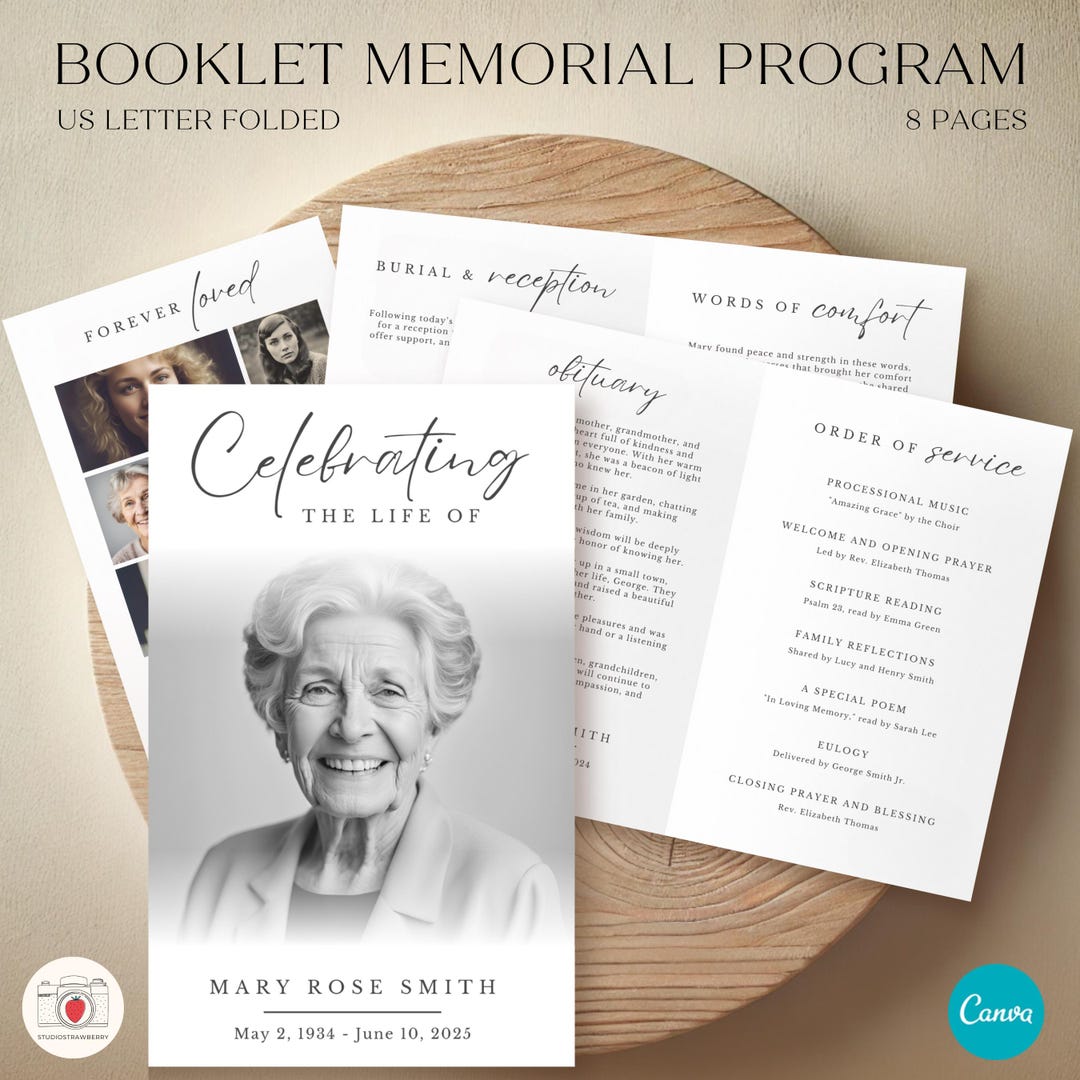 Editable Funeral Program Template | 8 Page Folded Memorial Booklet ...