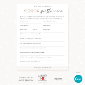 Editable Senior Photography Questionnaire | High School Senior Session ...