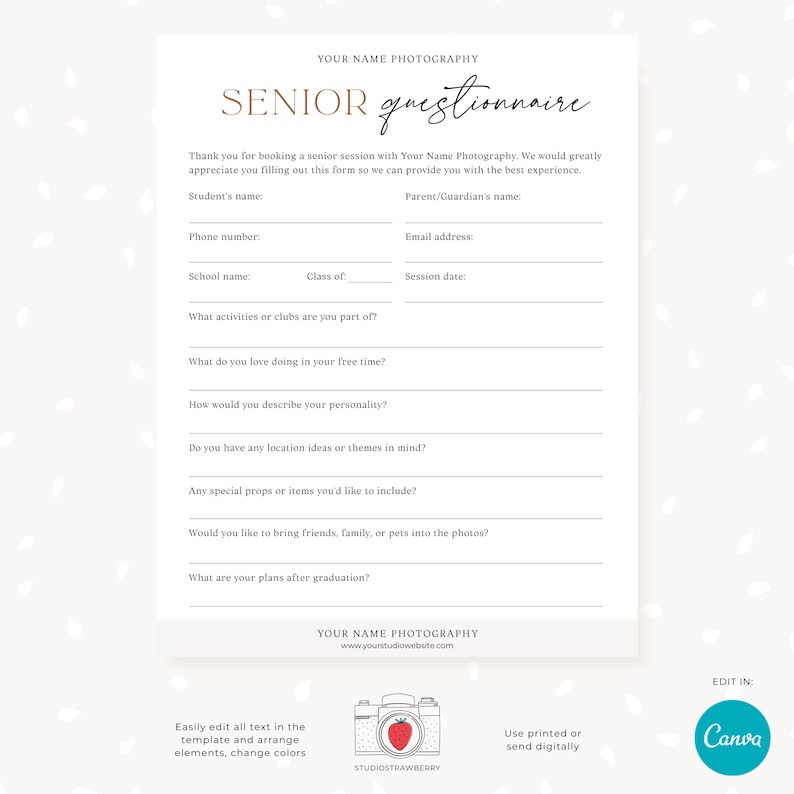 Editable Senior Photography Questionnaire | High School Senior Session ...