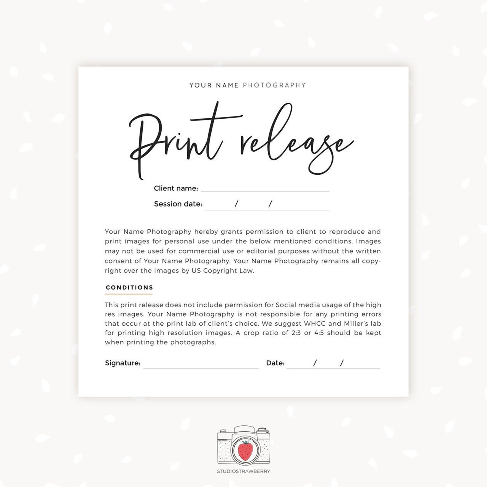 Photo Print Release Form Card, Photography Forms, Forms for ...