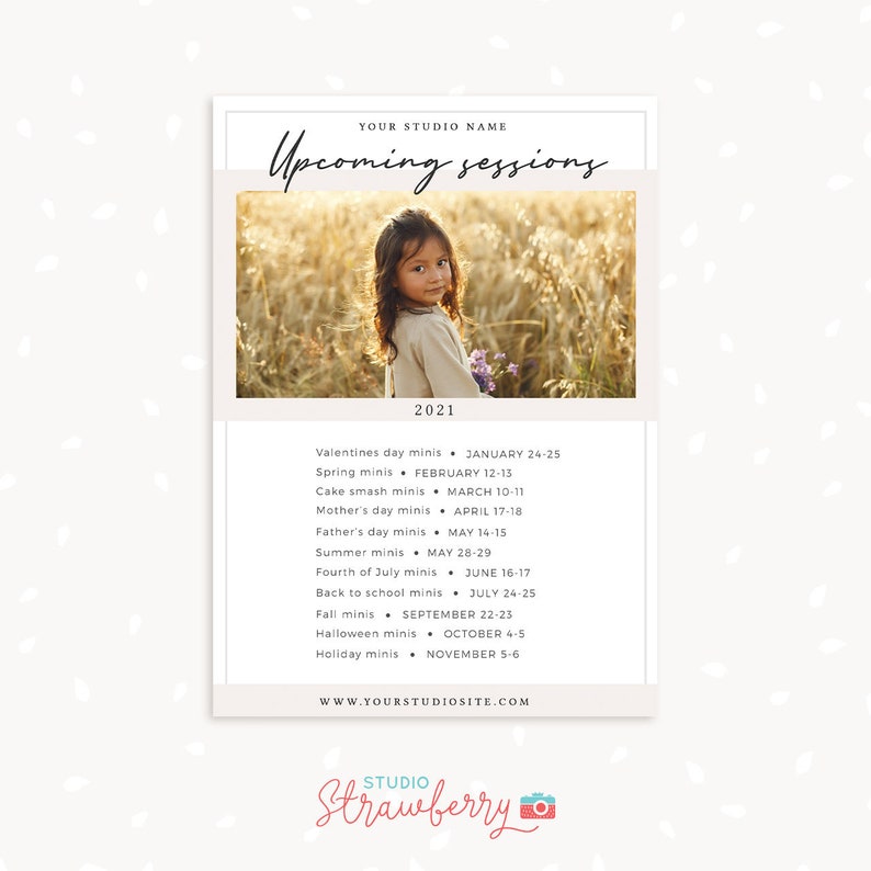 Upcoming Sessions Photography Template, Mini Sessions Calendar Card ...