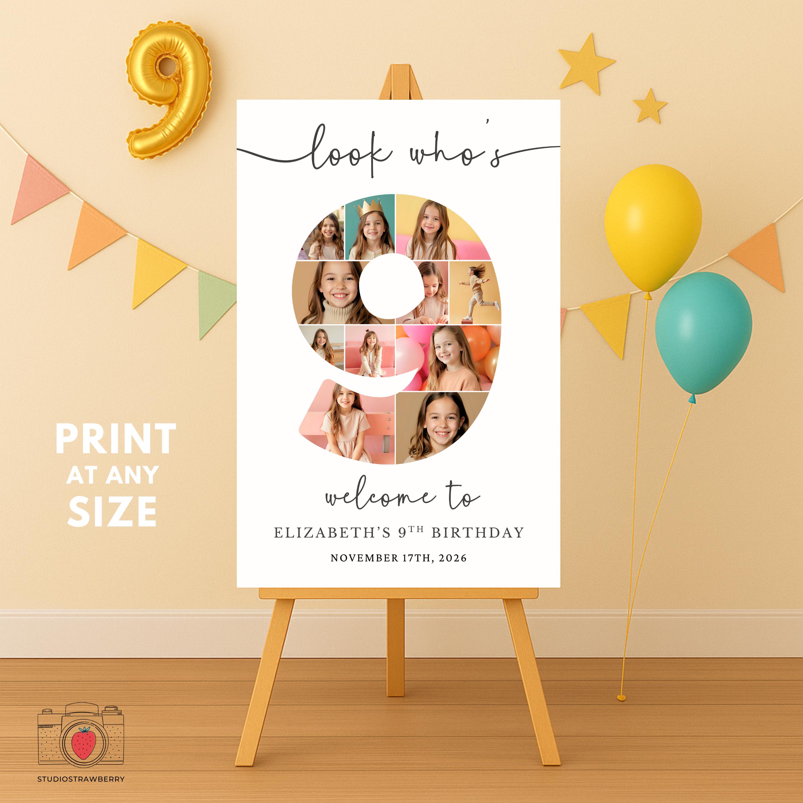 Editable 9th Birthday Photo Collage Sign • Canva Number 9 Welcome Sign ...