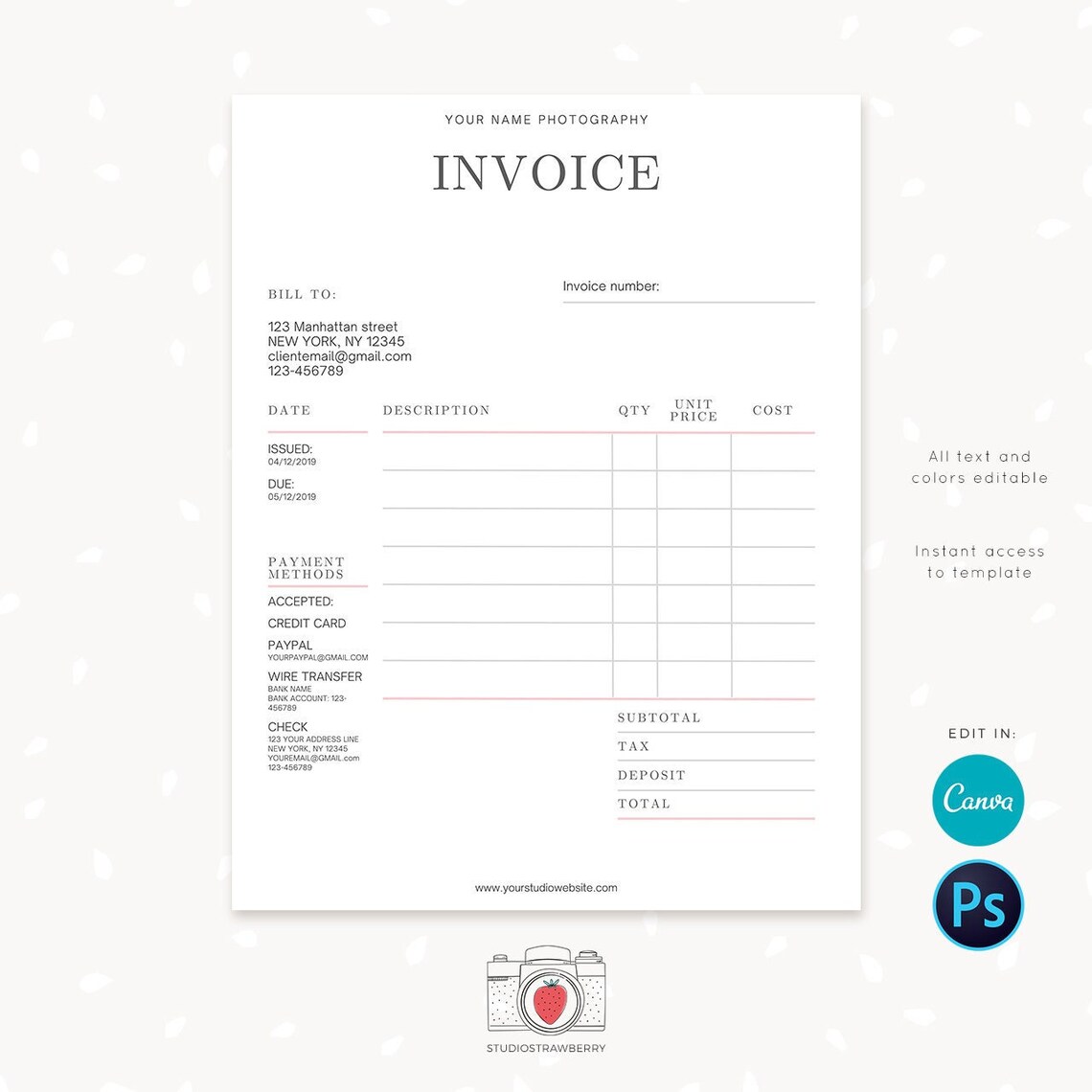 Invoice Template Printable Invoice Invoice Template Canva - Etsy