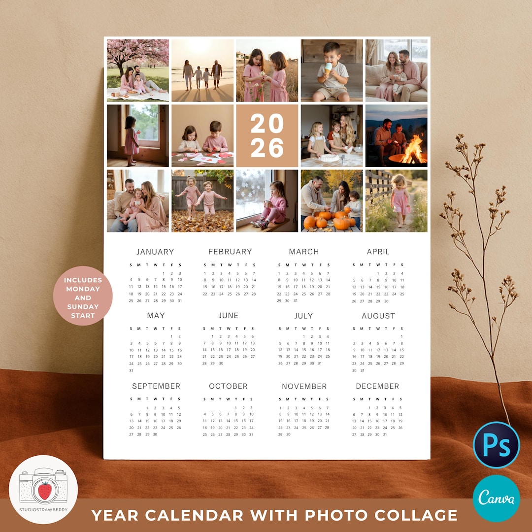 2026 Photo Calendar Template, Year at a Glance With Family Photo Grid ...