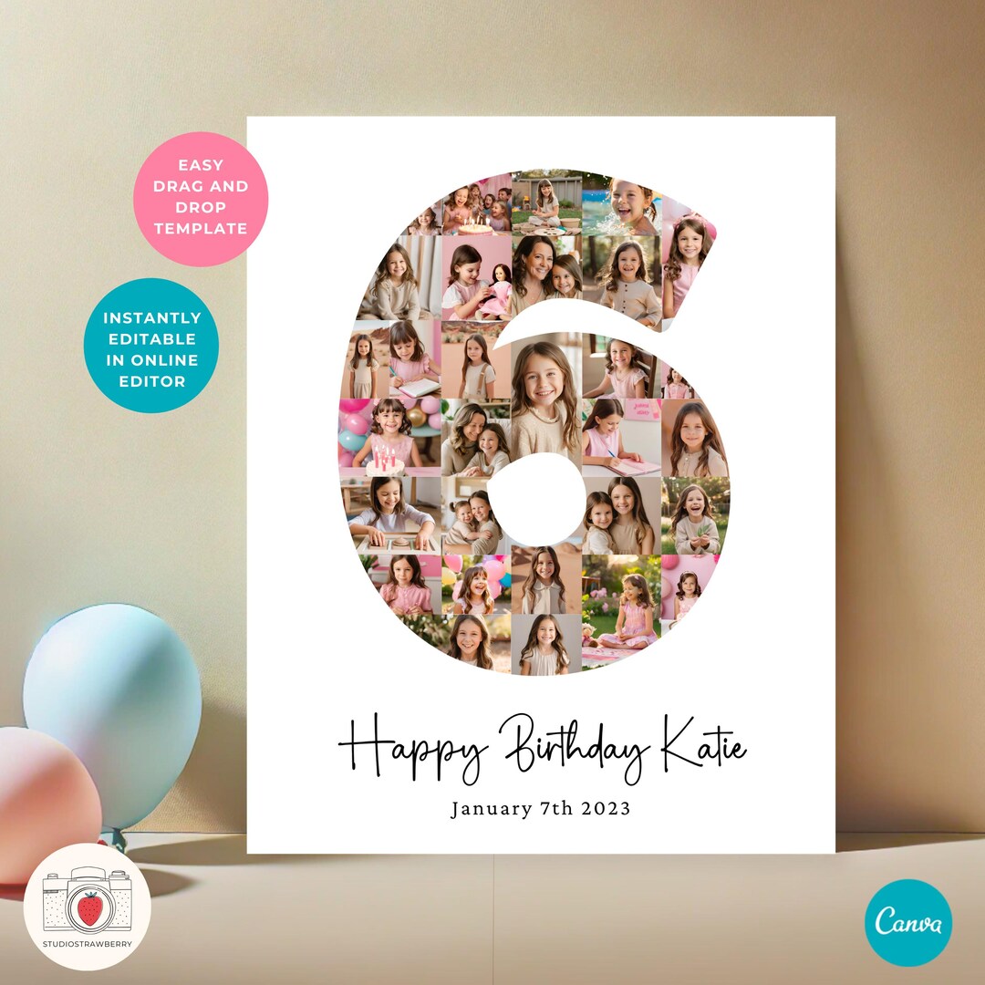 6th Birthday Photo Collage | Number Six Photo Print | Editable 6 Year ...