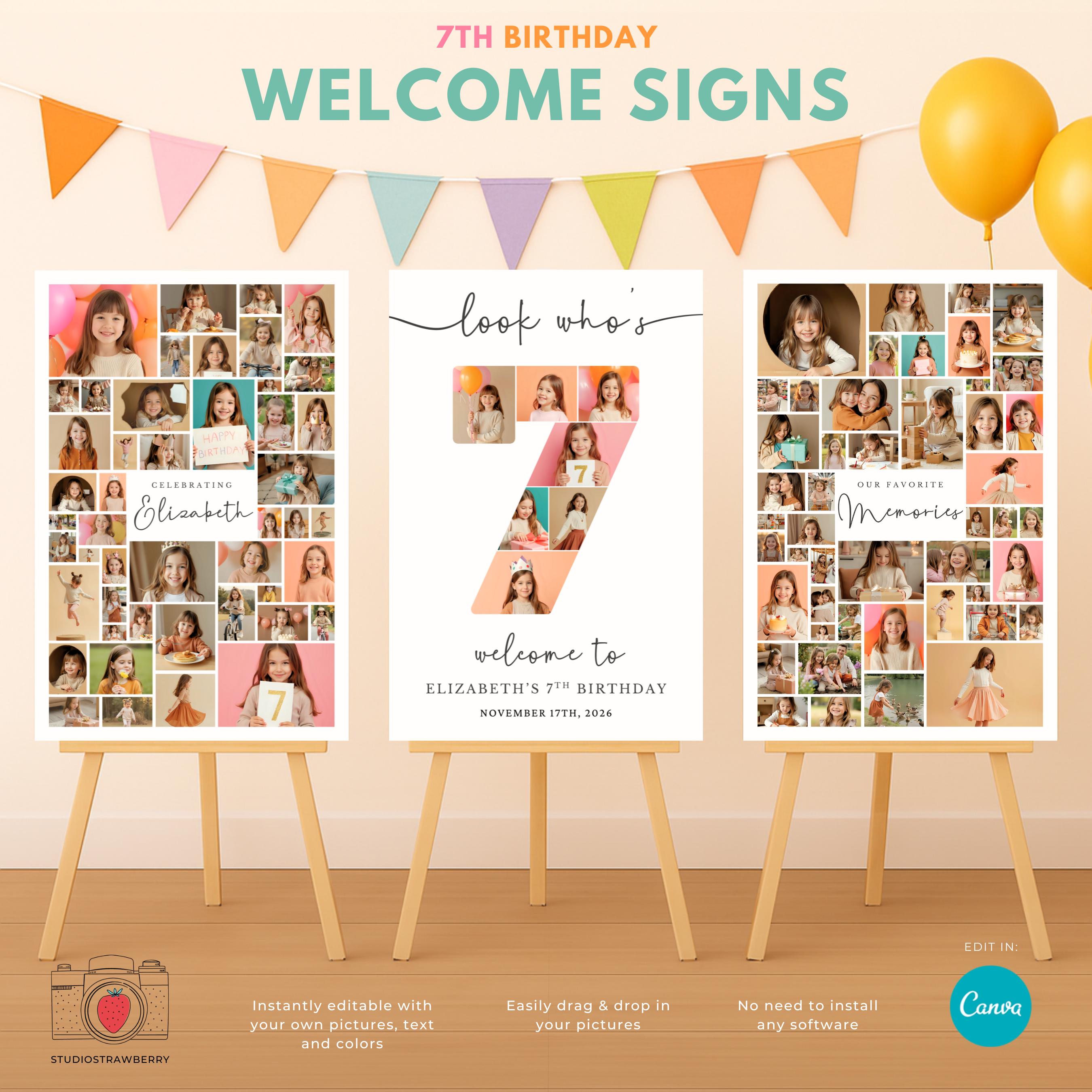 Editable 7th Birthday Photo Collage Sign • Canva Number 7 Welcome Sign ...