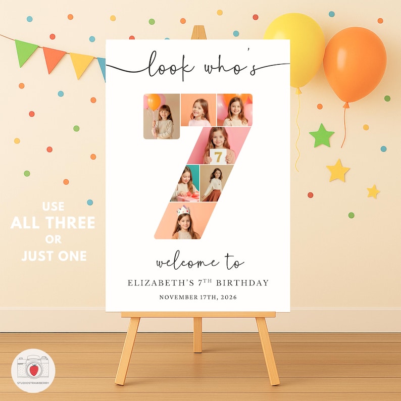 Editable 7th Birthday Photo Collage Sign • Canva Number 7 Welcome Sign ...