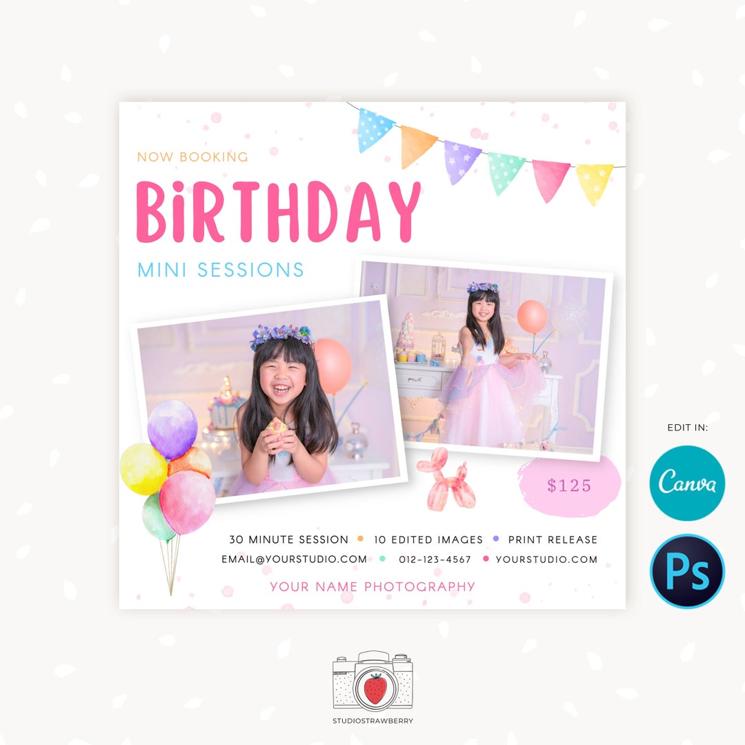 Birthday Mini Sessions Template, Canva, Photoshop, Birthday Mini ...