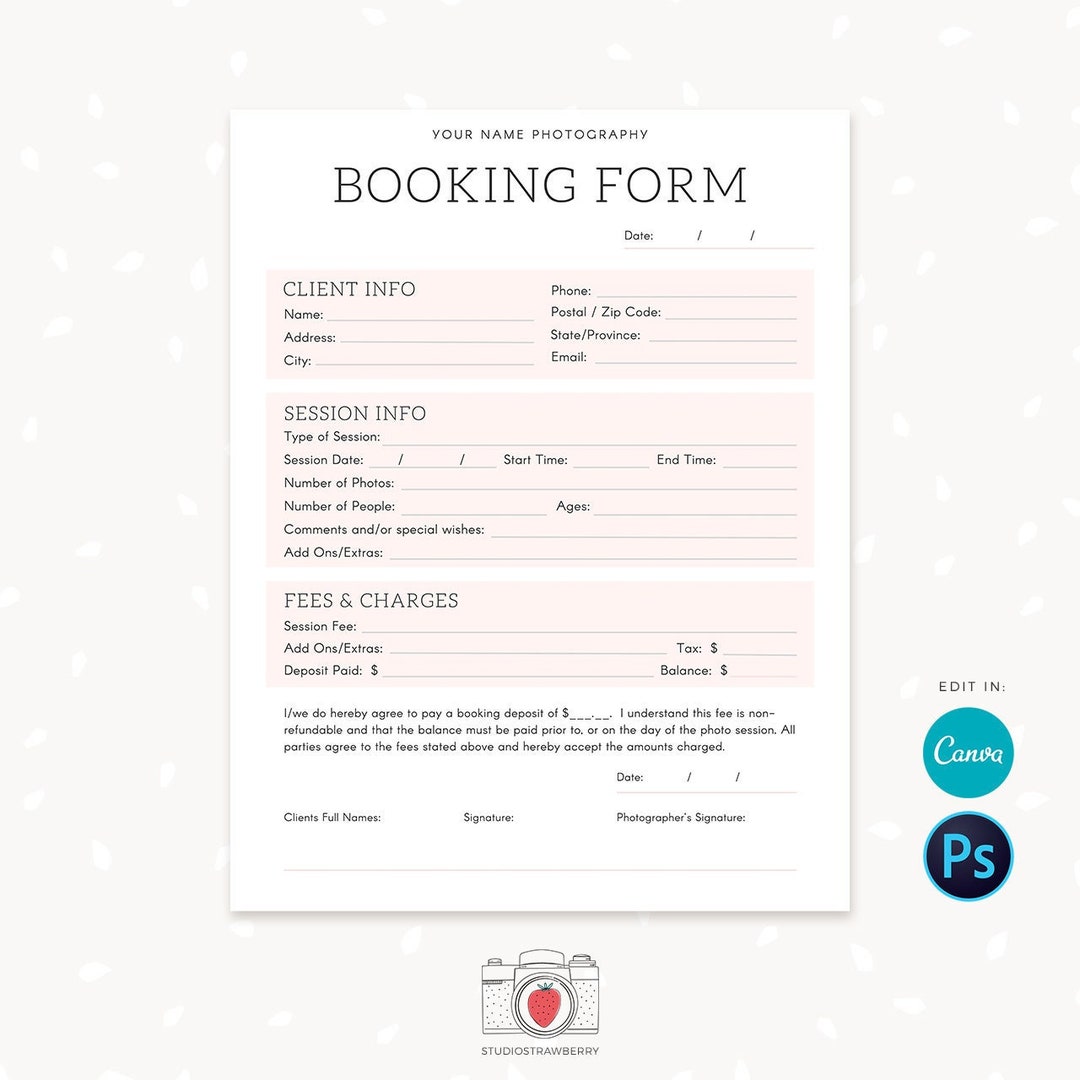Photography Forms, Client Booking Form for Photographer, Form Templates ...