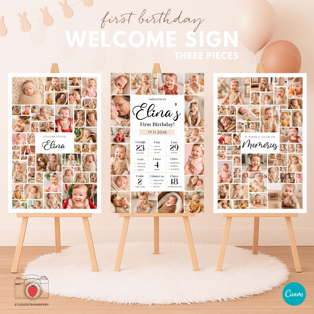 First Birthday Welcome Sign Photo Collage Canva Template – Printable ...