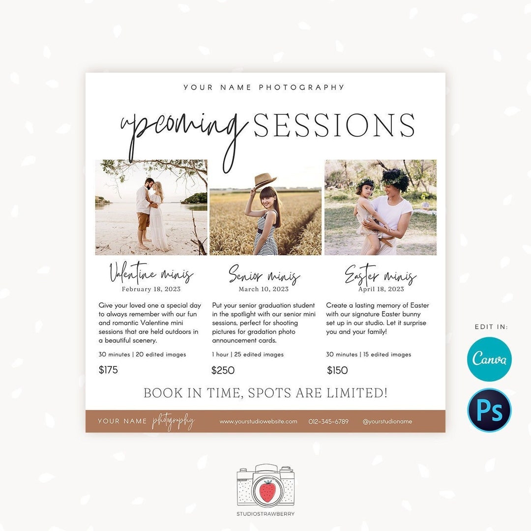 Upcoming Sessions Photography Template, Mini Sessions Calendar Card ...