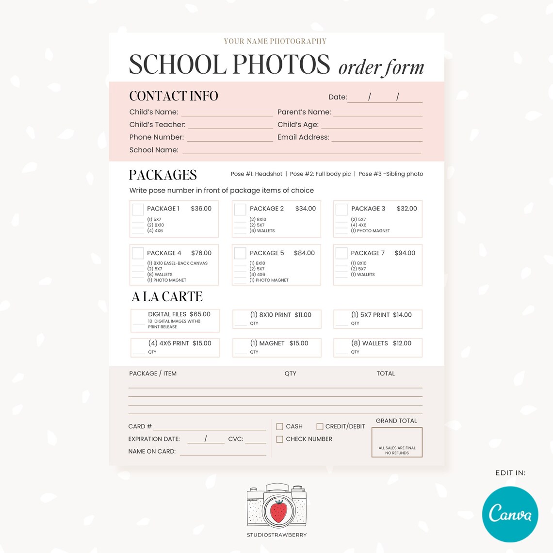 Editable School Photography Order Form Template - Customizable Canva ...