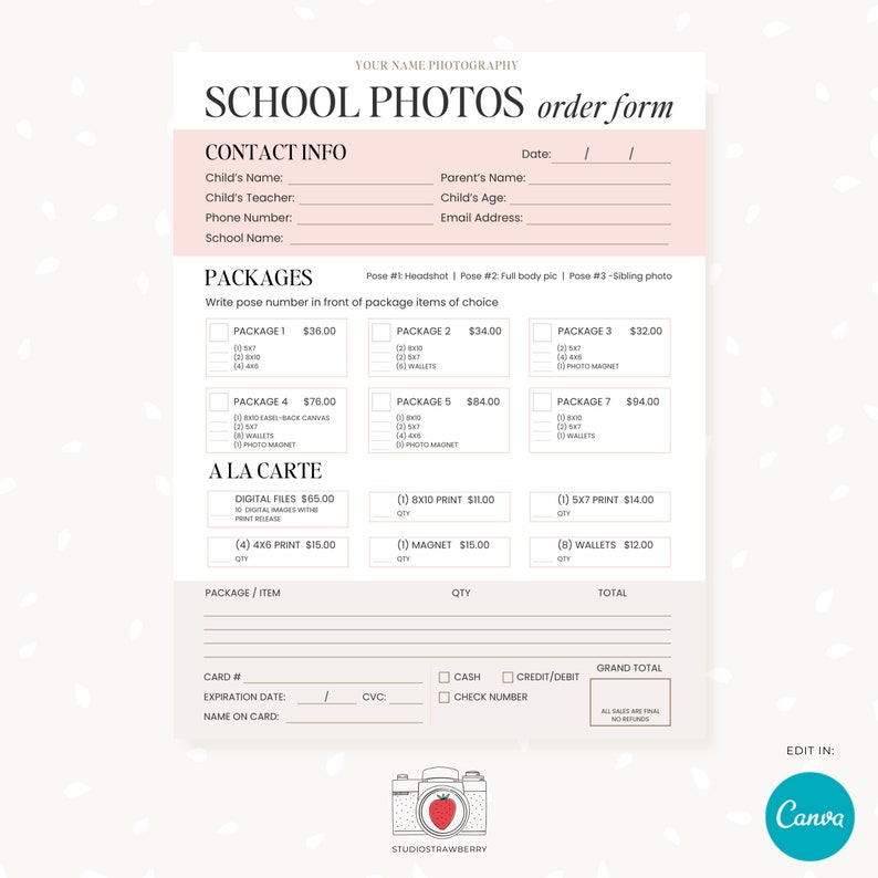 Editable School Photography Order Form Template - Customizable Canva ...