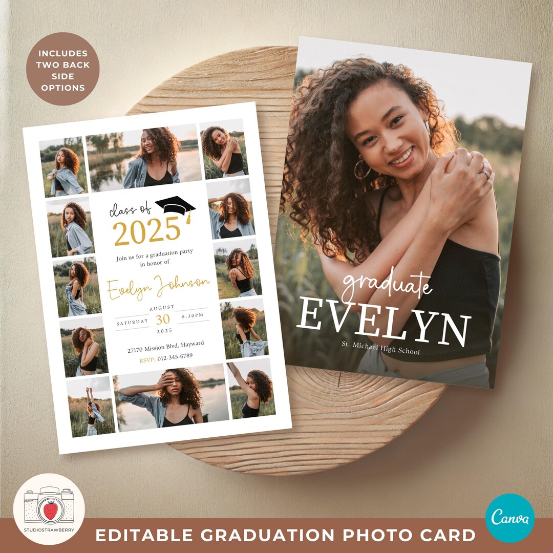 Editable Graduation Photo Card Canva Template With Collage Layout and ...