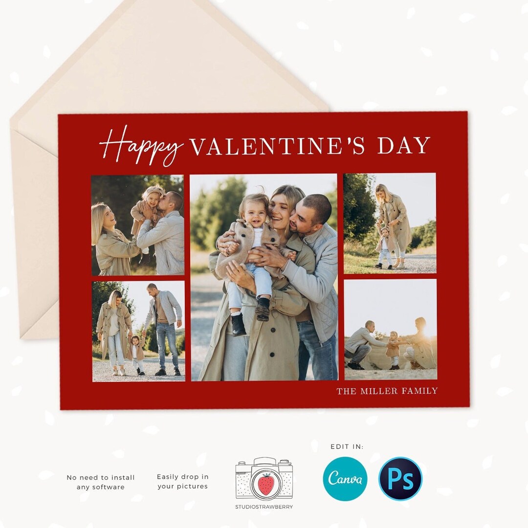 Valentine Photo Card Template, Valentine Card Printable, Canva, Family ...