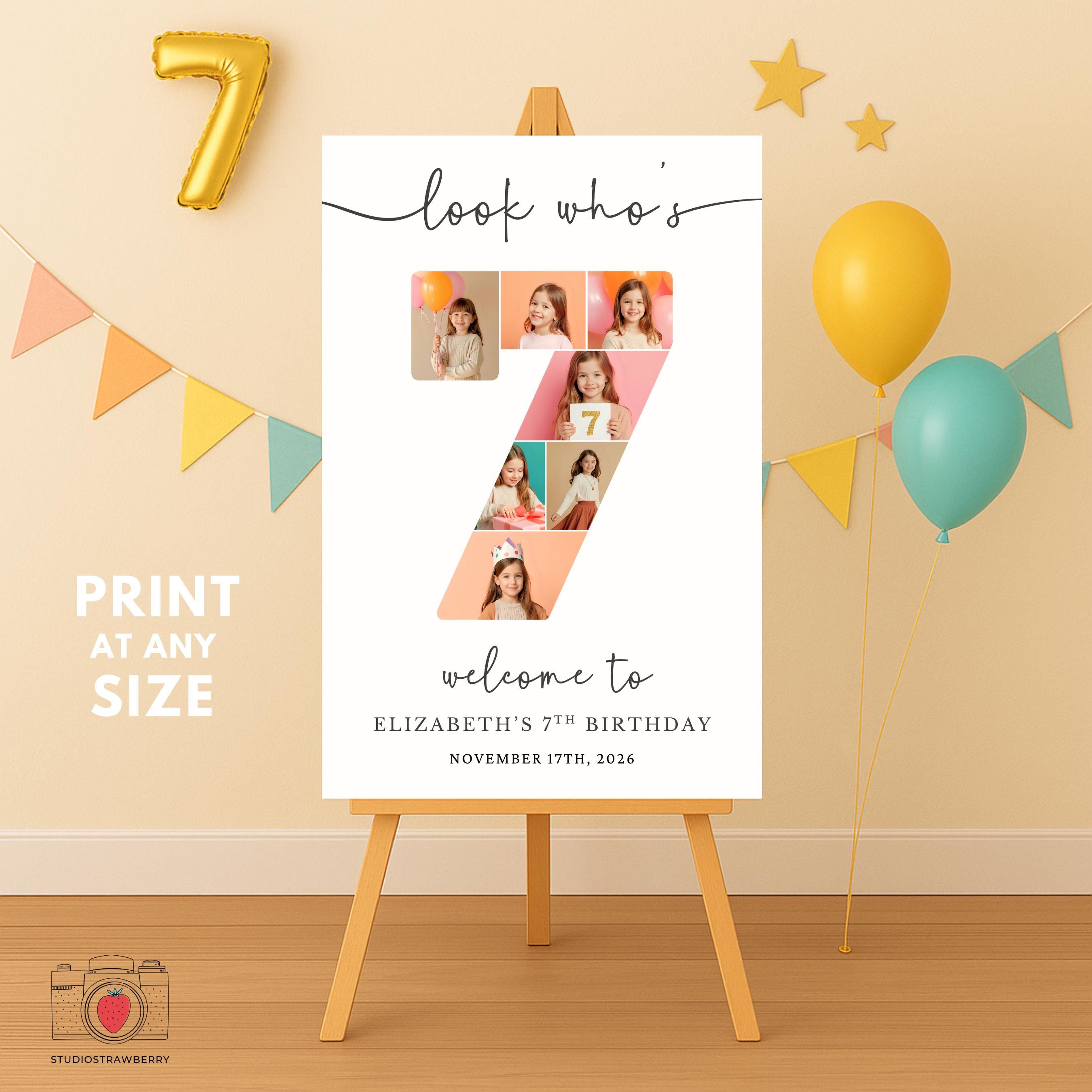 Editable 7th Birthday Photo Collage Sign • Canva Number 7 Welcome Sign ...