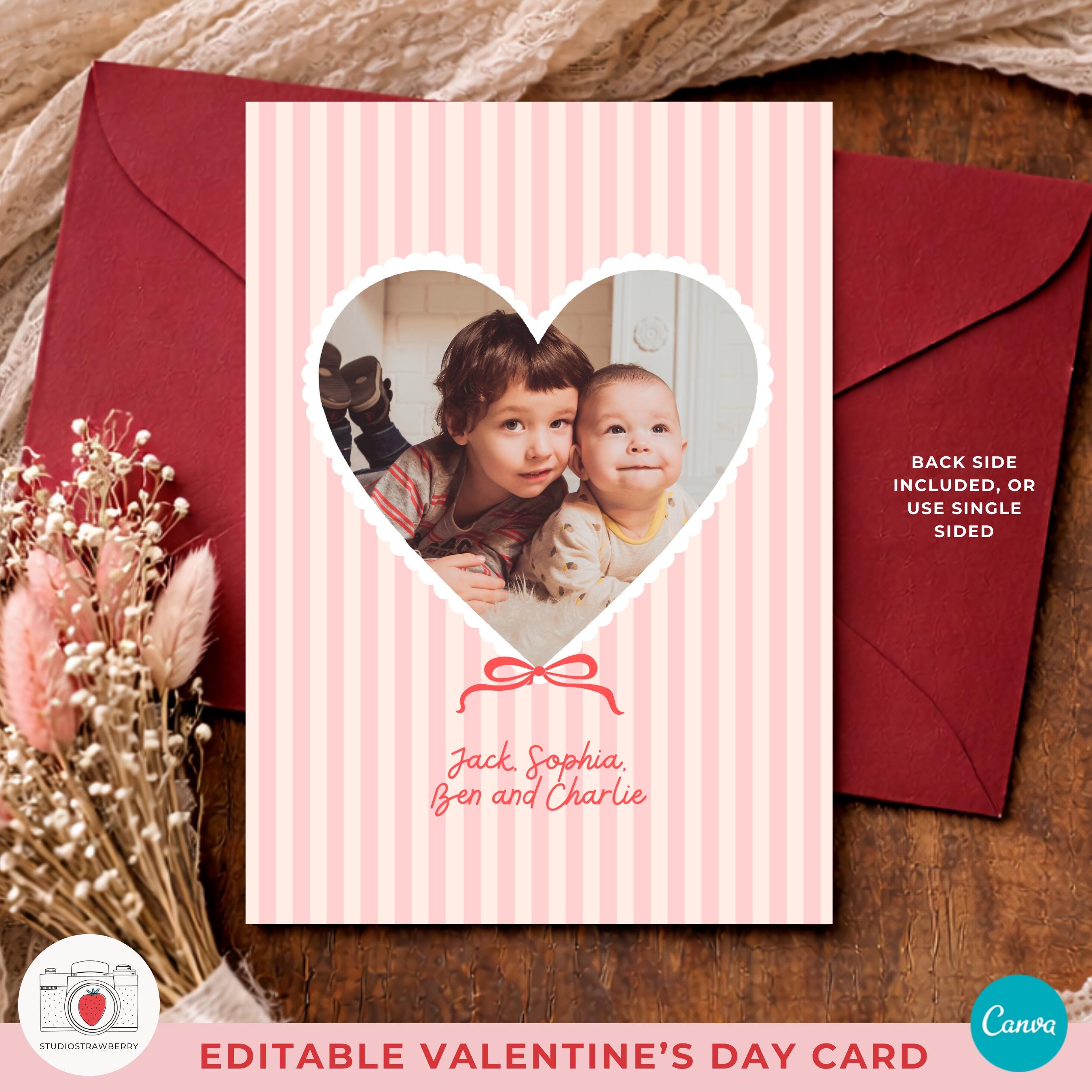 Valentine Photo Card With Heart Collage, Cottagecore Stripes and Bow ...