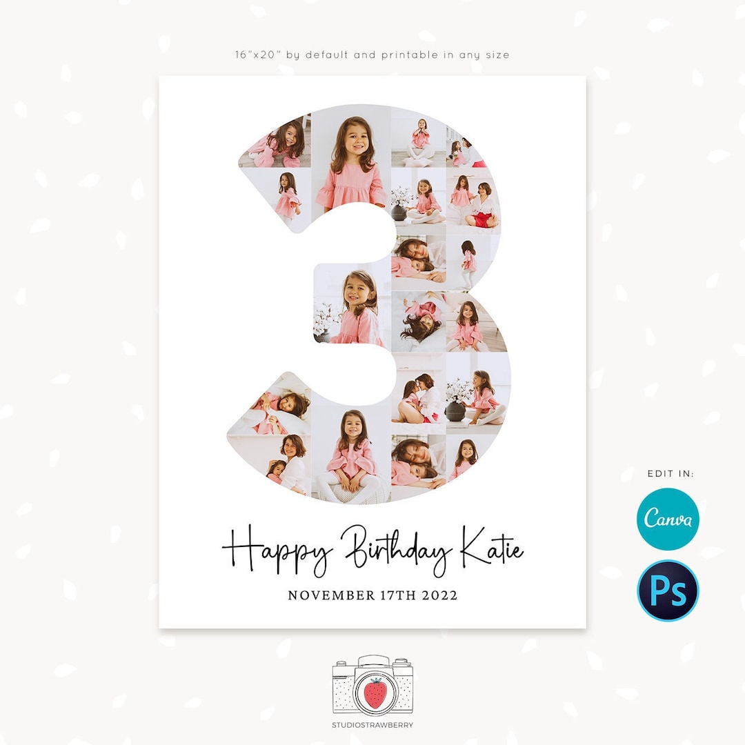 3 Year Birthday Photo Collage, Number Three, Third Birthday Poster ...