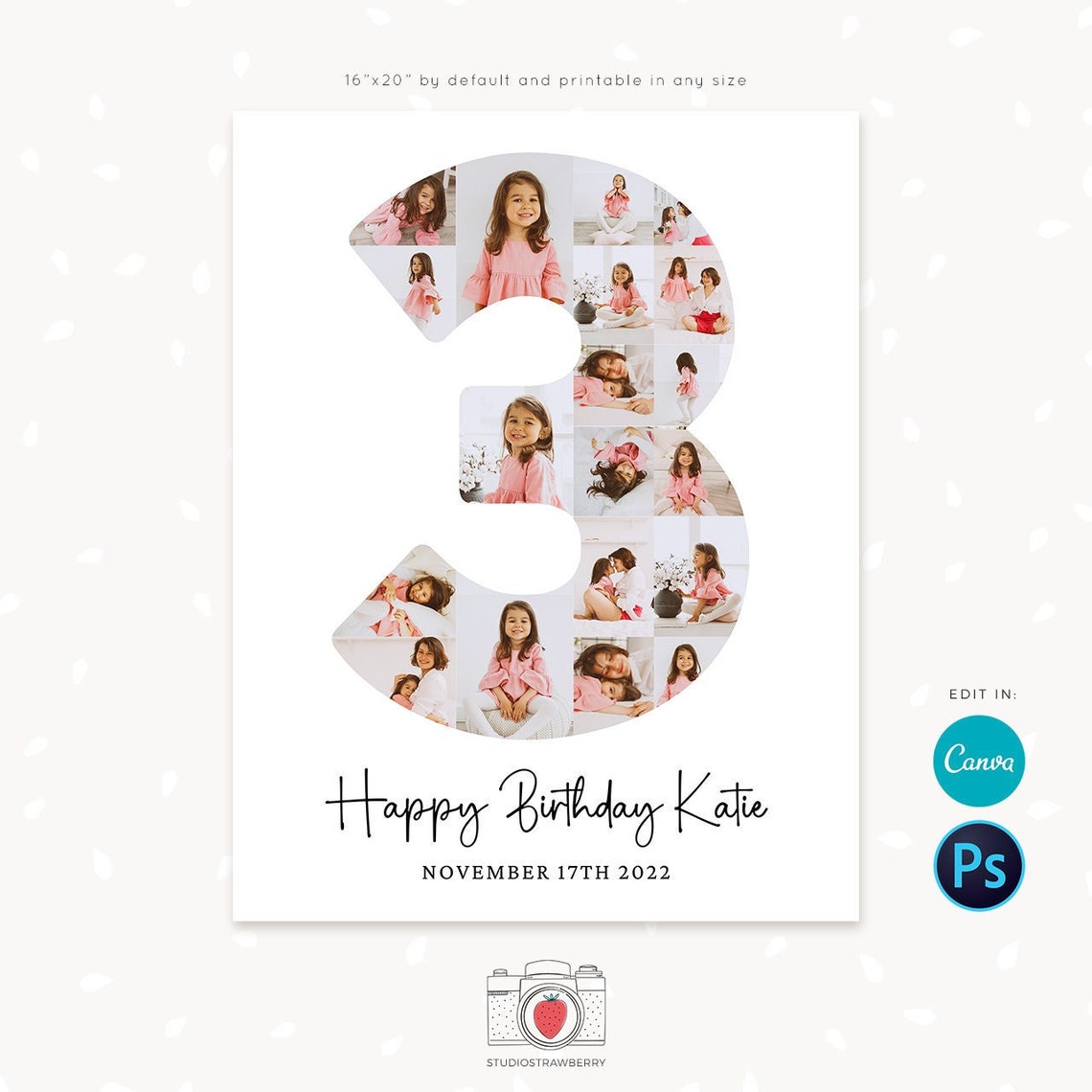 3 Year Birthday Photo Collage, Number Three, Third Birthday Poster ...