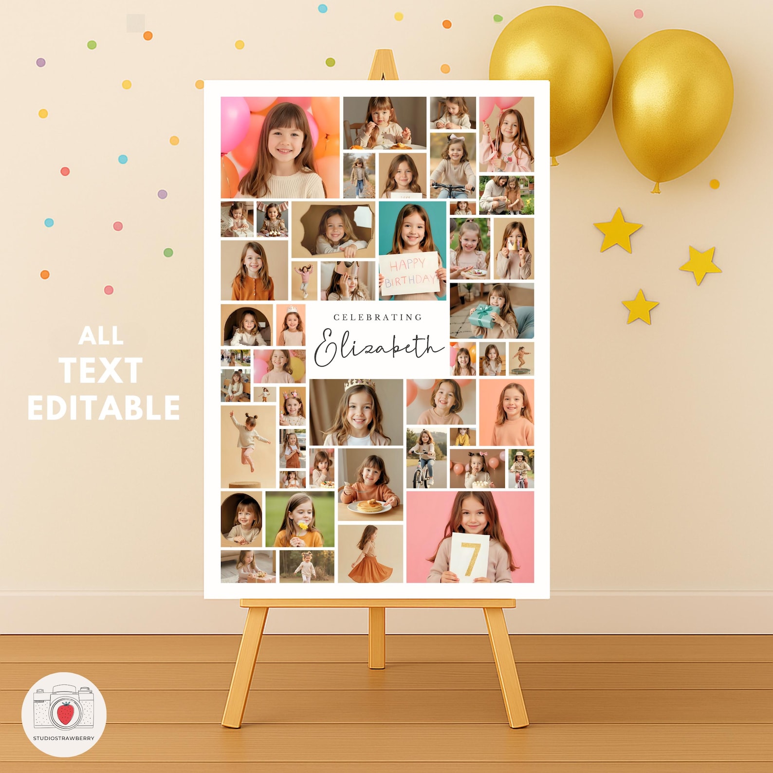 Editable 7th Birthday Photo Collage Sign • Canva Number 7 Welcome Sign ...