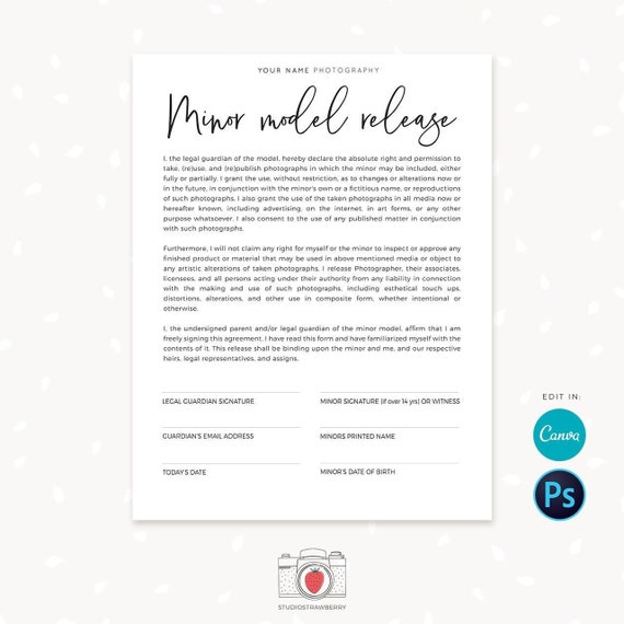 Minor Model Release Form Photography Forms Minor Model - Etsy