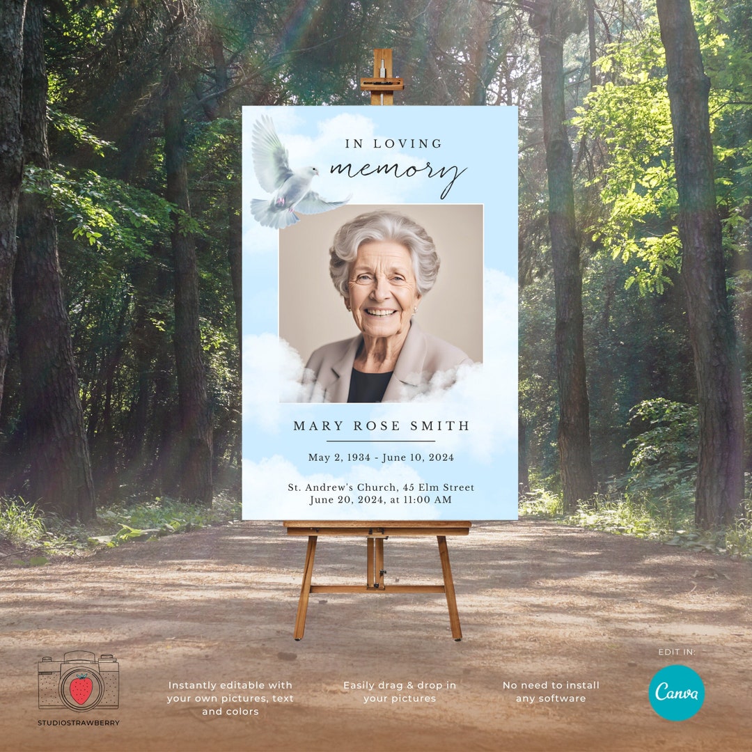 Editable Funeral Sign With Dove Design Canva 36x24 Memorial Service ...
