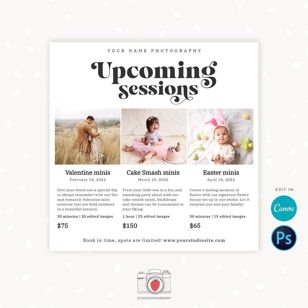 Upcoming Sessions Photography Template, Mini Sessions Calendar Card ...