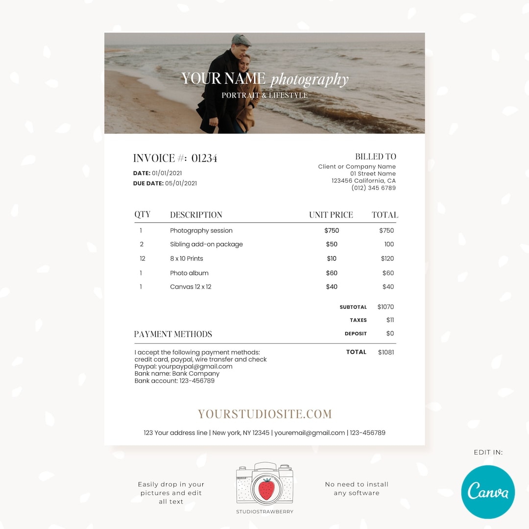 Editable Photography Invoice Template With Photo | Professional Canva ...