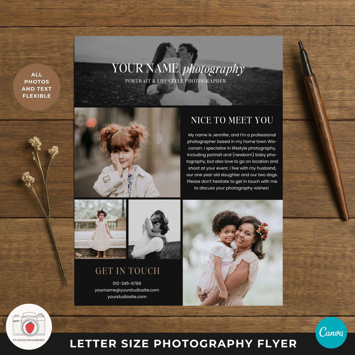 Editable Photography Flyer Canva Template – Black Portrait Photographer ...
