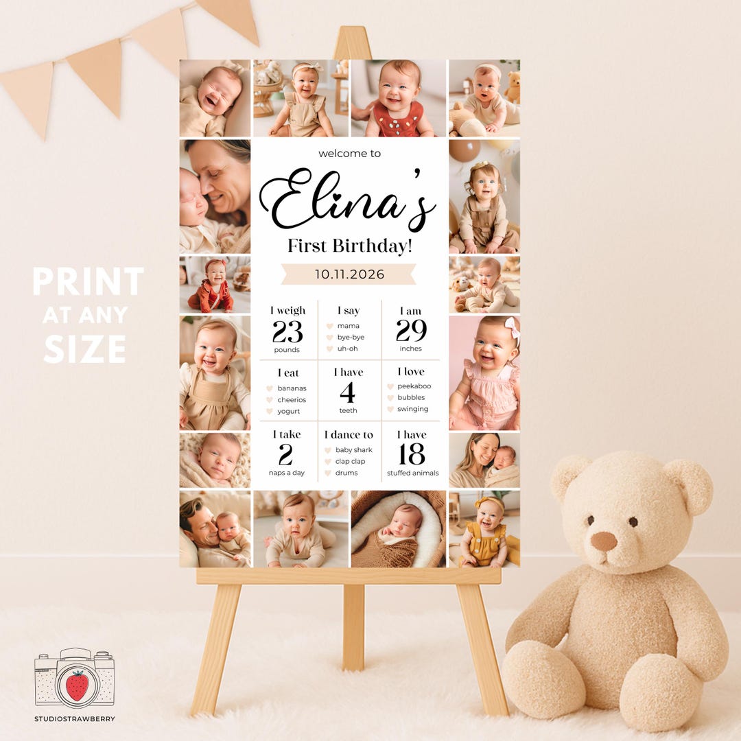 Editable First Birthday Welcome Sign With Baby Facts and Photo Collage ...
