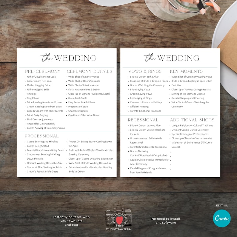 Wedding Photography Shot List Template Canva, Editable Wedding Day ...