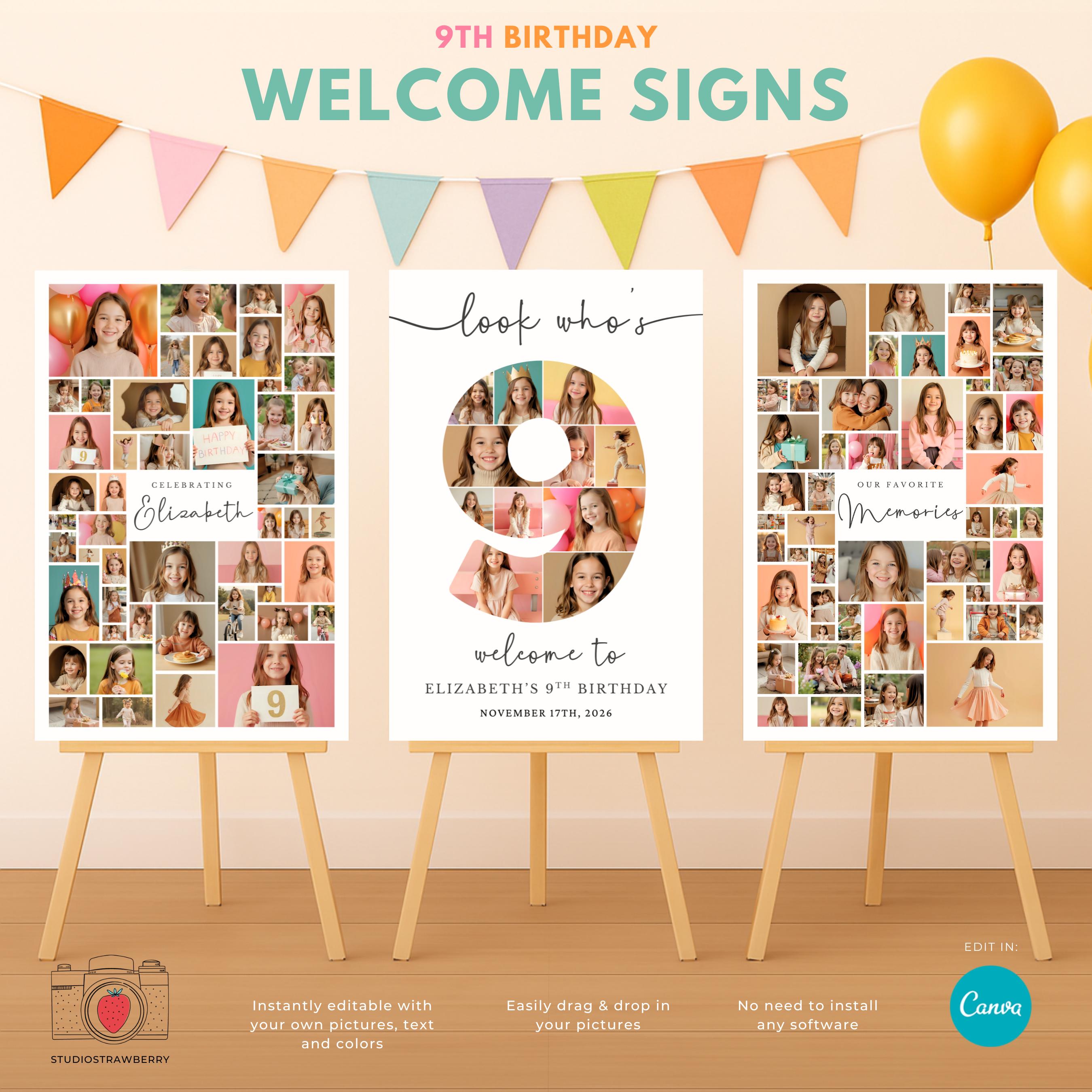 Editable 9th Birthday Photo Collage Sign • Canva Number 9 Welcome Sign ...