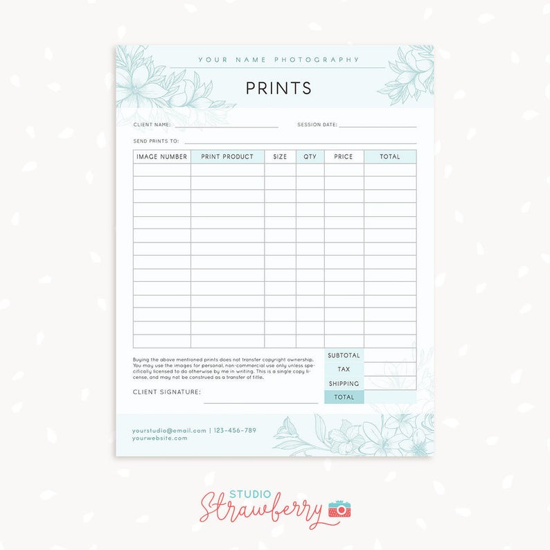 Order Form Template Floral Photography Order Form - Etsy