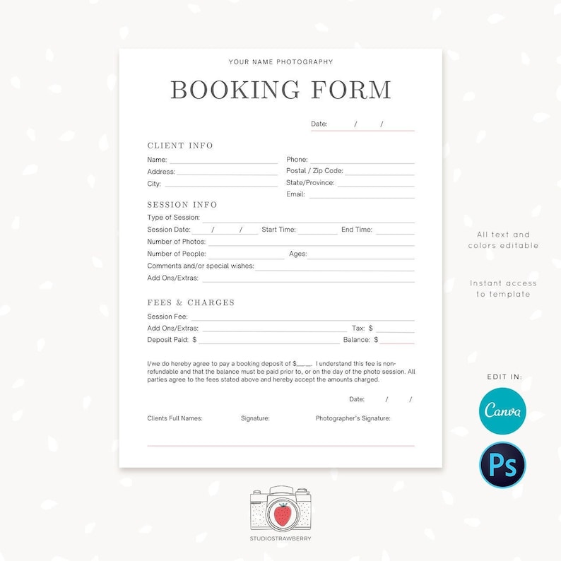 Photography Forms Client Booking Form for Photographer Form - Etsy