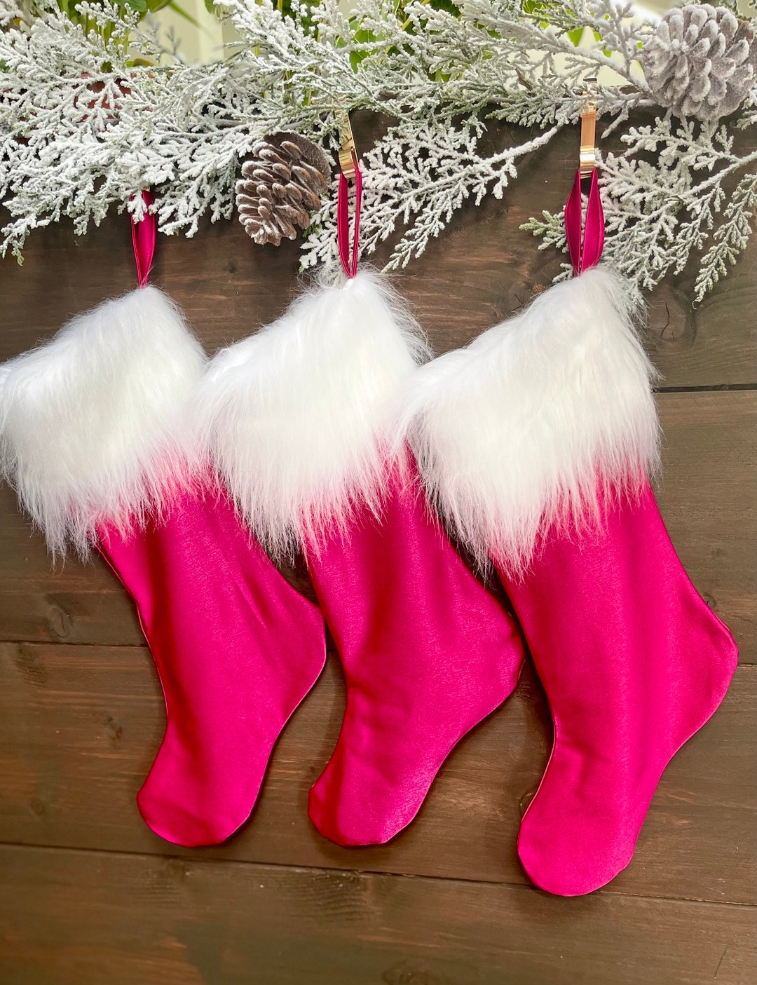 Luxury Raspberry Red Satin Christmas Stocking With Long White Faux Fur ...