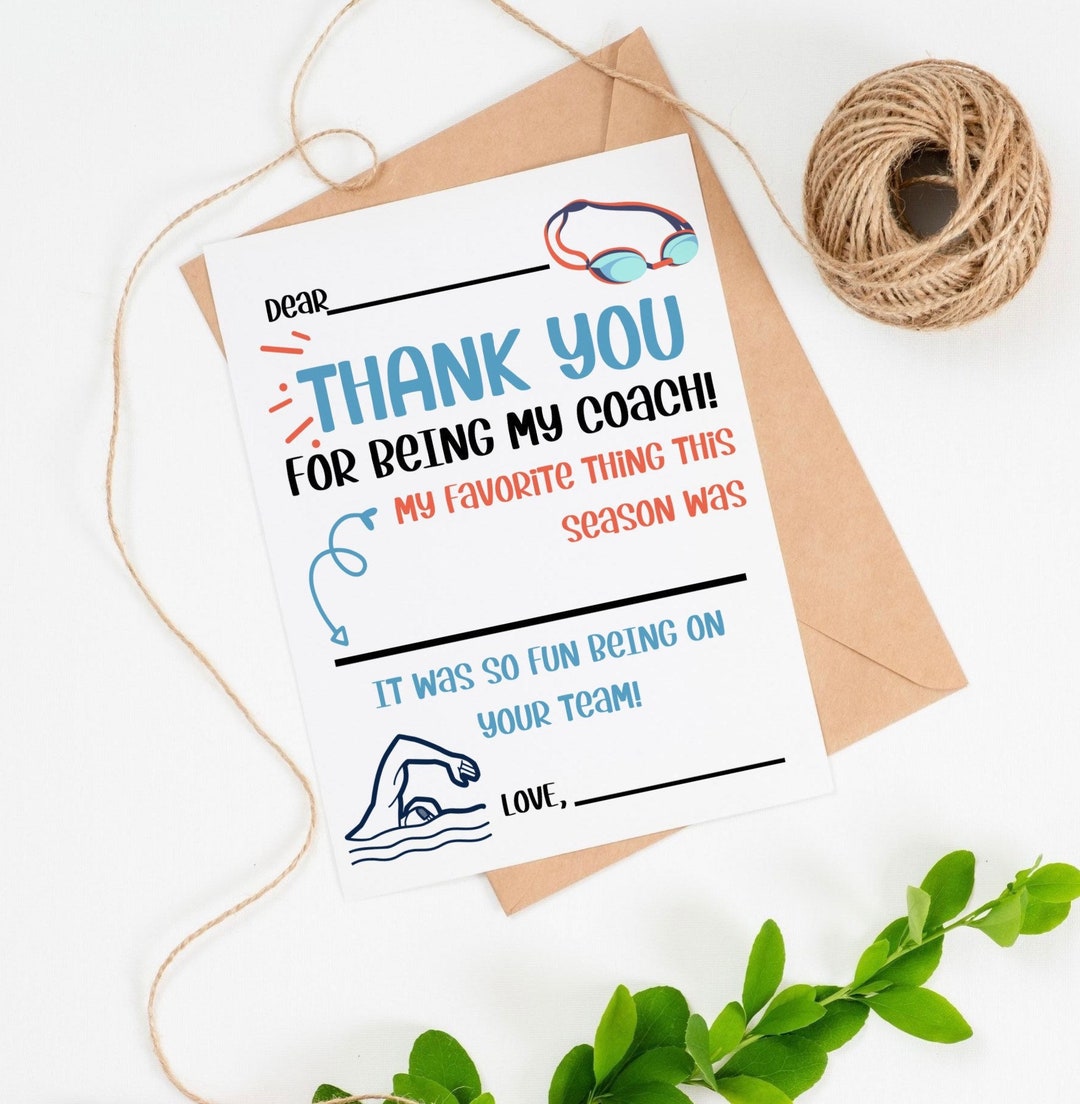 Swim PRINTABLE Thank You Card for Coach INSTANT DOWNLOAD Kids Thank You ...