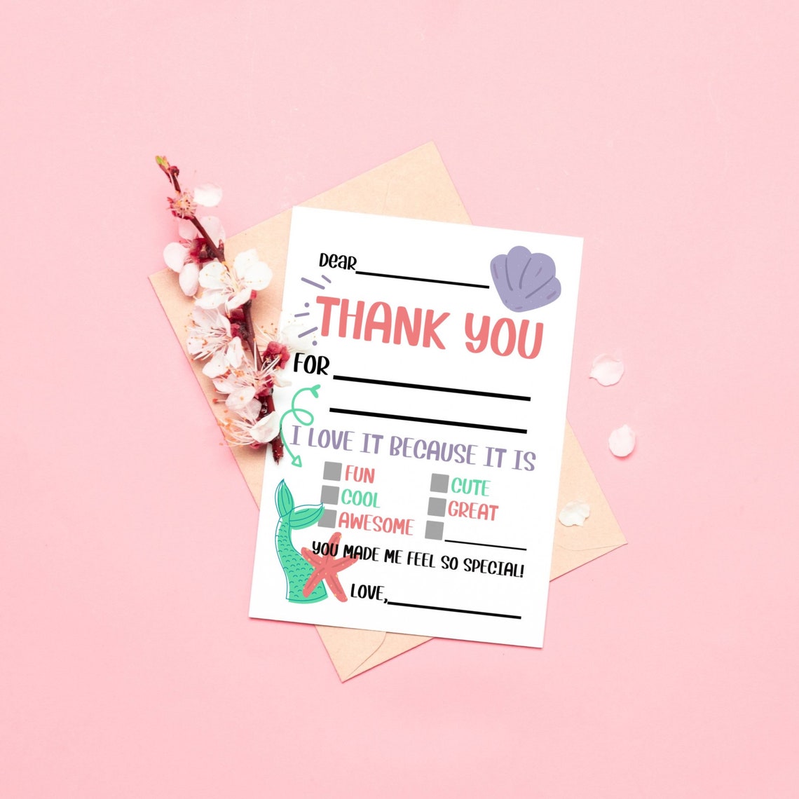 Mermaid PRINTABLE Thank You Cards for Kids Fill in the Blank | Etsy
