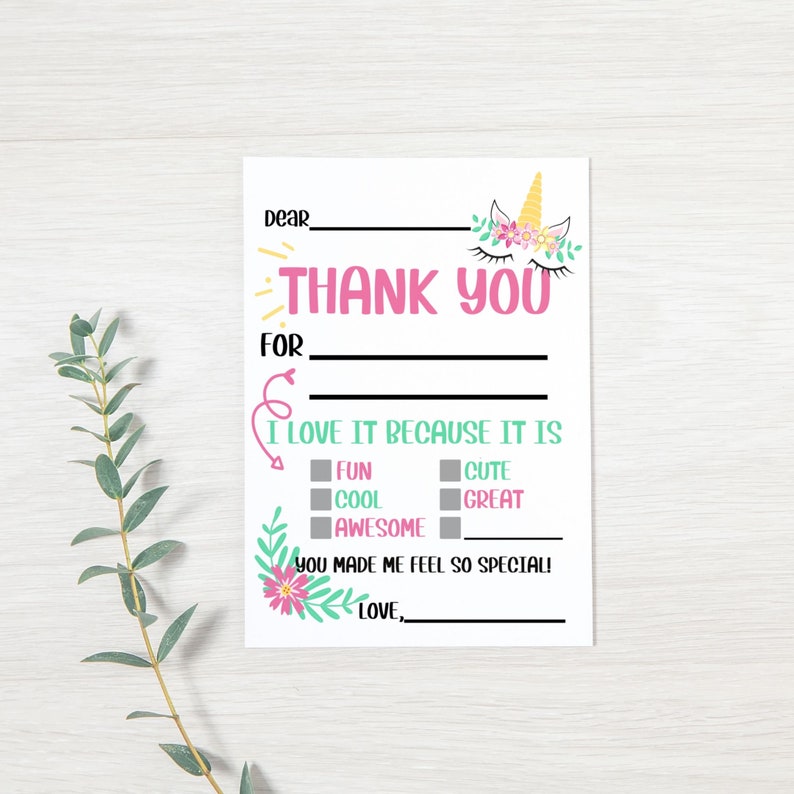 Unicorn PRINTABLE Thank You Cards for Kids Fill in the Blank | Etsy