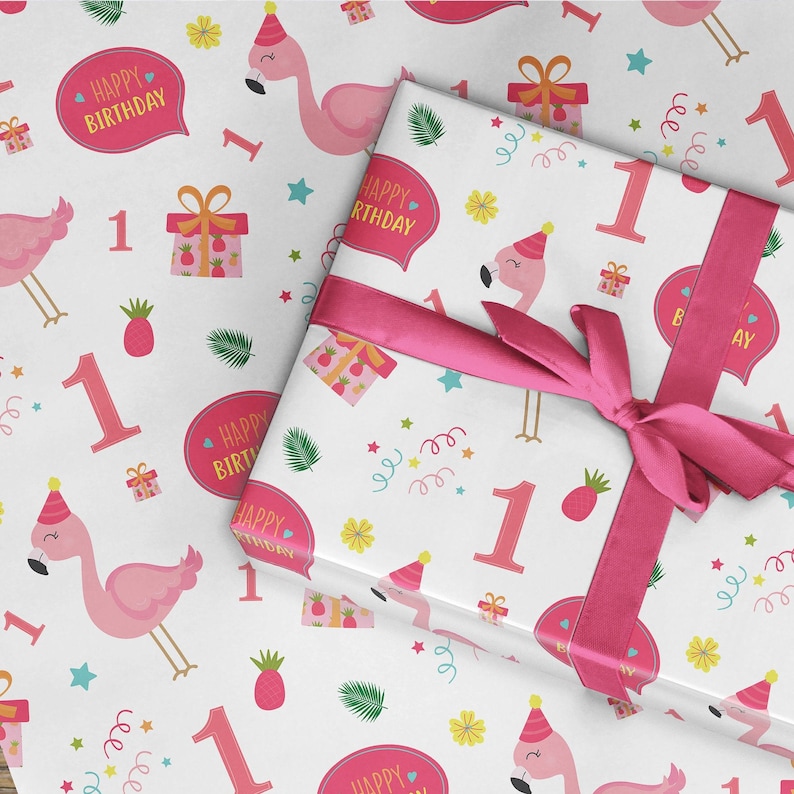 Kids Wrapping paper roll 1st Birthday Wrapping Paper Flamingo | Etsy