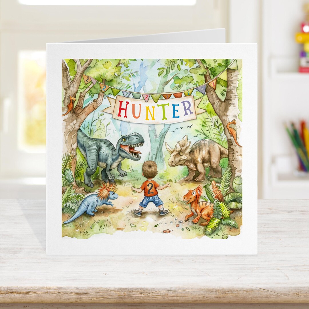 Personalized Dinosaur Birthday Card: Kids Any Age, Matching Wrapping ...