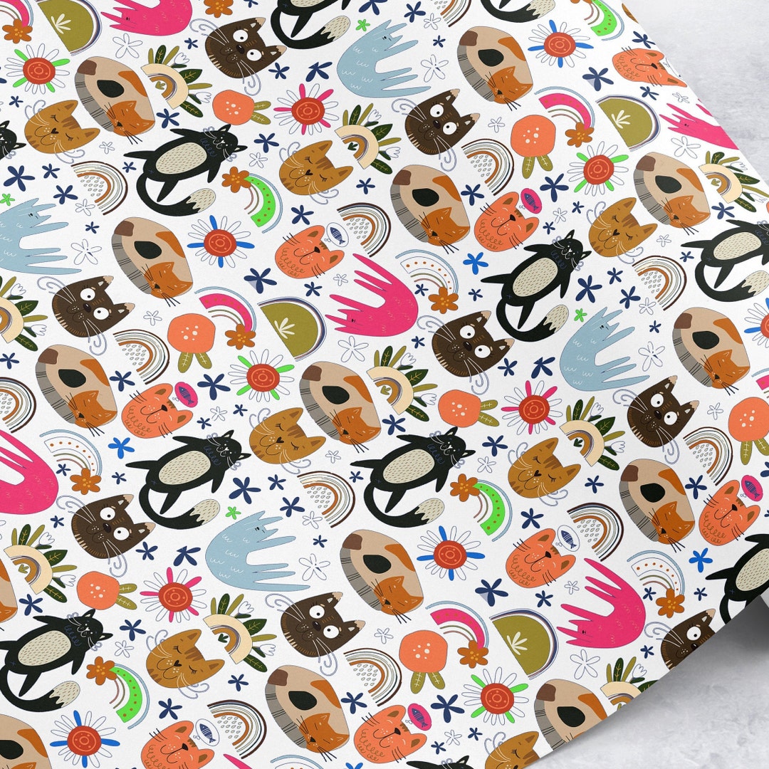 Cats Wrapping Paper, Cat Gift Wrap Paper, Cats Gift Wrap, Colourful Cat ...