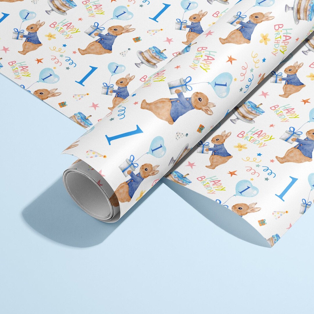 1st Birthday Wrapping Paper Meter Roll, Rabbit Birthday Boy Wrapping ...
