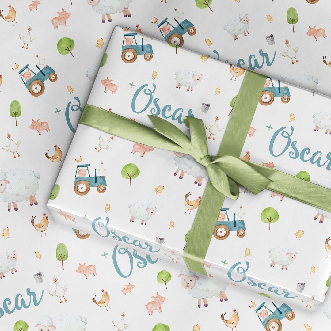 Personalised Farm Wrapping Paper Roll, Sheep Tractor Duck Kids Gift ...